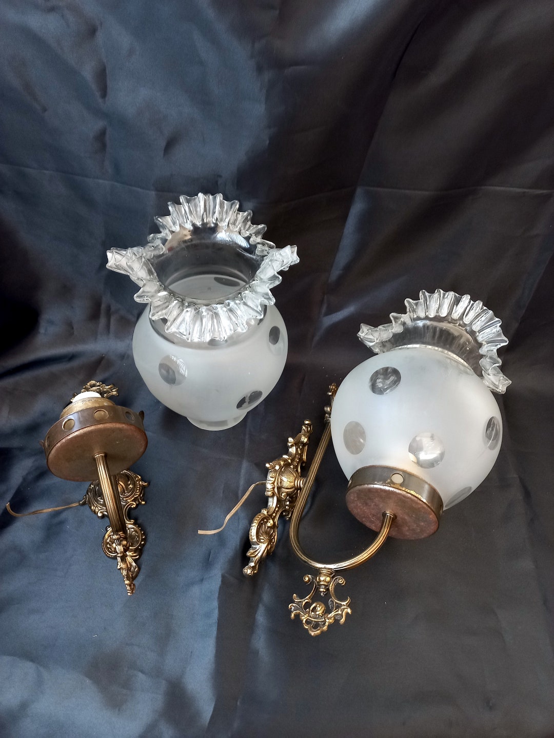 1940s Large Pair of Sconces Wall Lamps Applique Heavy Brass Frosted ...