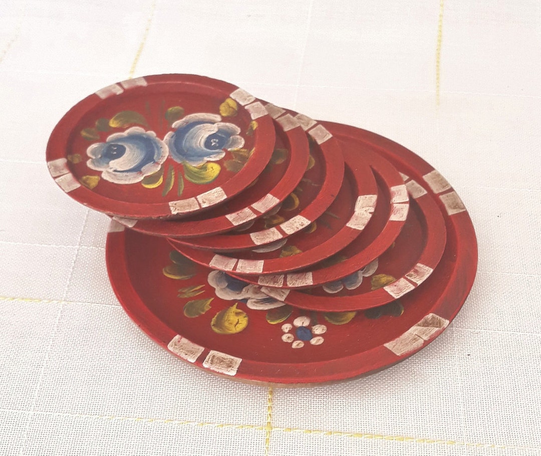 Table Set Wooden Coasters and Coasters Handmade Hand Painted Vintage ...