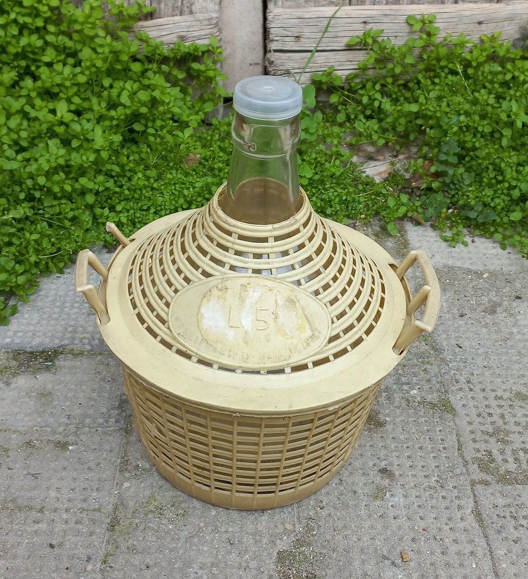 Rare Old Demijohn 5 Liters White Glass Plastic Cover Antique Wine ...