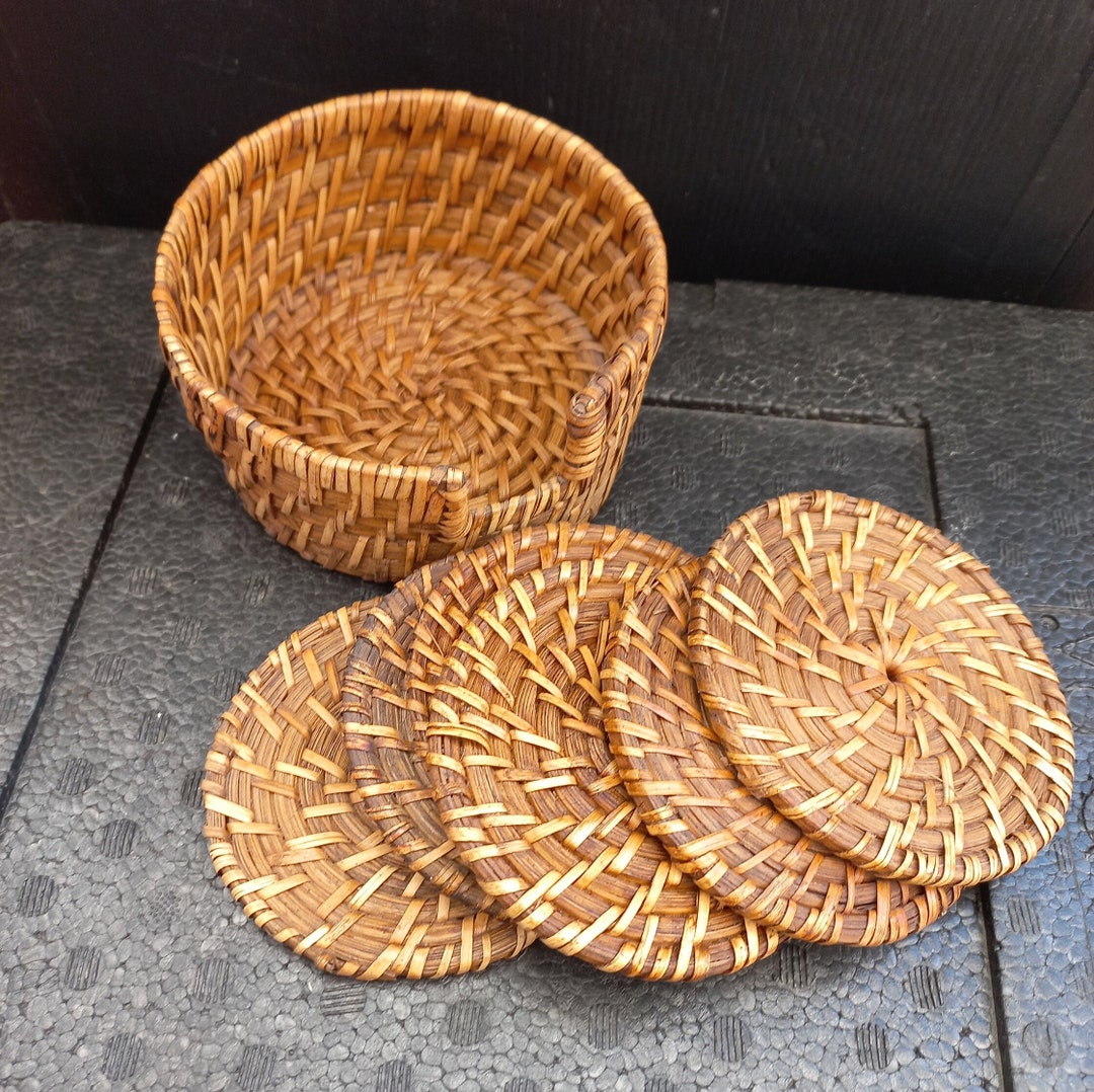 Vintage Italy Set of Wicker Coasters With Stand Handmade Set 7 Pieces ...