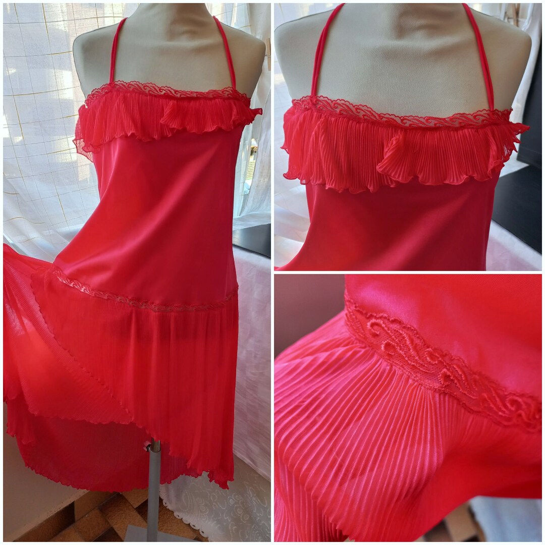Vintage Italy Sexy Nightgown Red Lace Trim Sexy Negligee Romantic Night ...