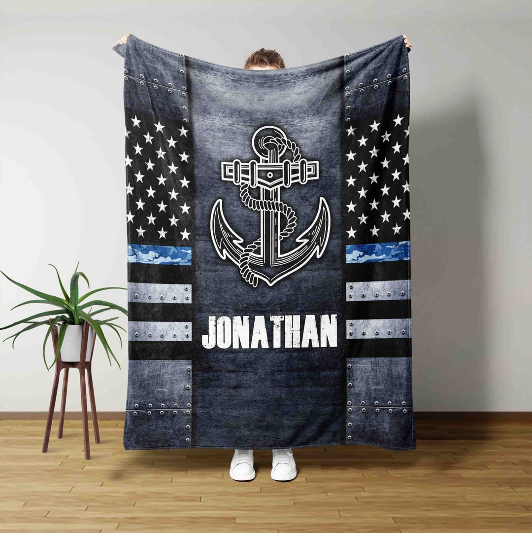 Nautical Anchor Blanket, Personalized US Navy Fleece Blanket, Veteran ...