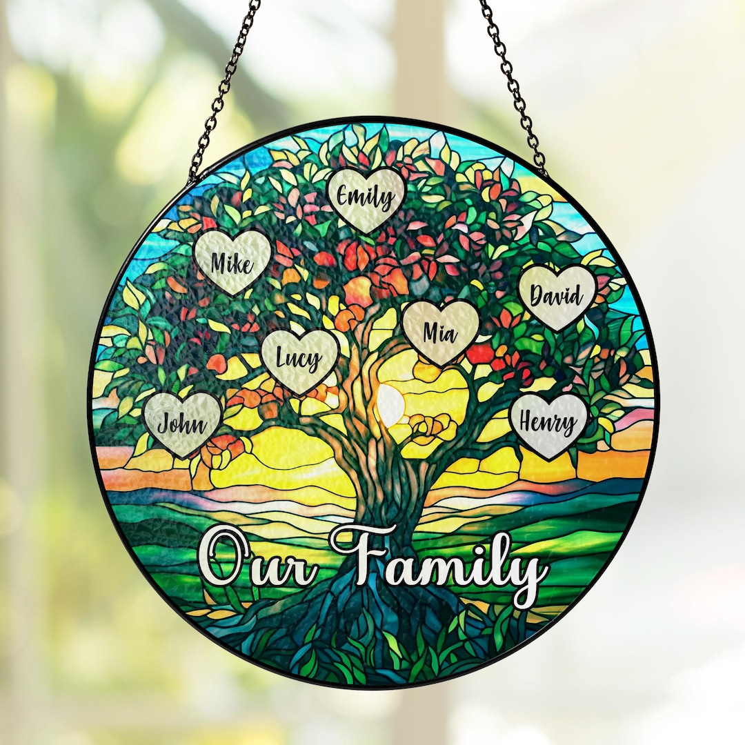 Personalized Family Tree Suncatcher, Stained Glass Tree of Life ...
