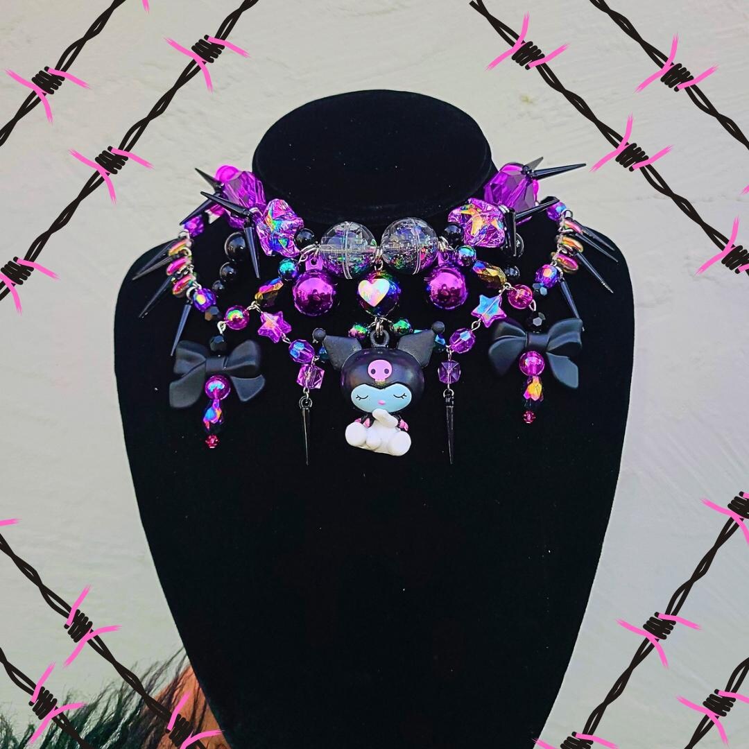 Kuromi Beaded Necklace With Quicksand Beads, Y2k Sanrio Edgy Jewelry - Etsy