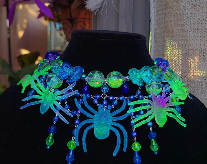 Neon Spider Beaded Necklace With Liquid Beads, Halloween Raver Jewelry ...