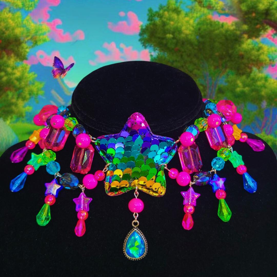 Sequin Star Beaded Necklace, Neon Colors, Y2k Raver Jewelry - Etsy