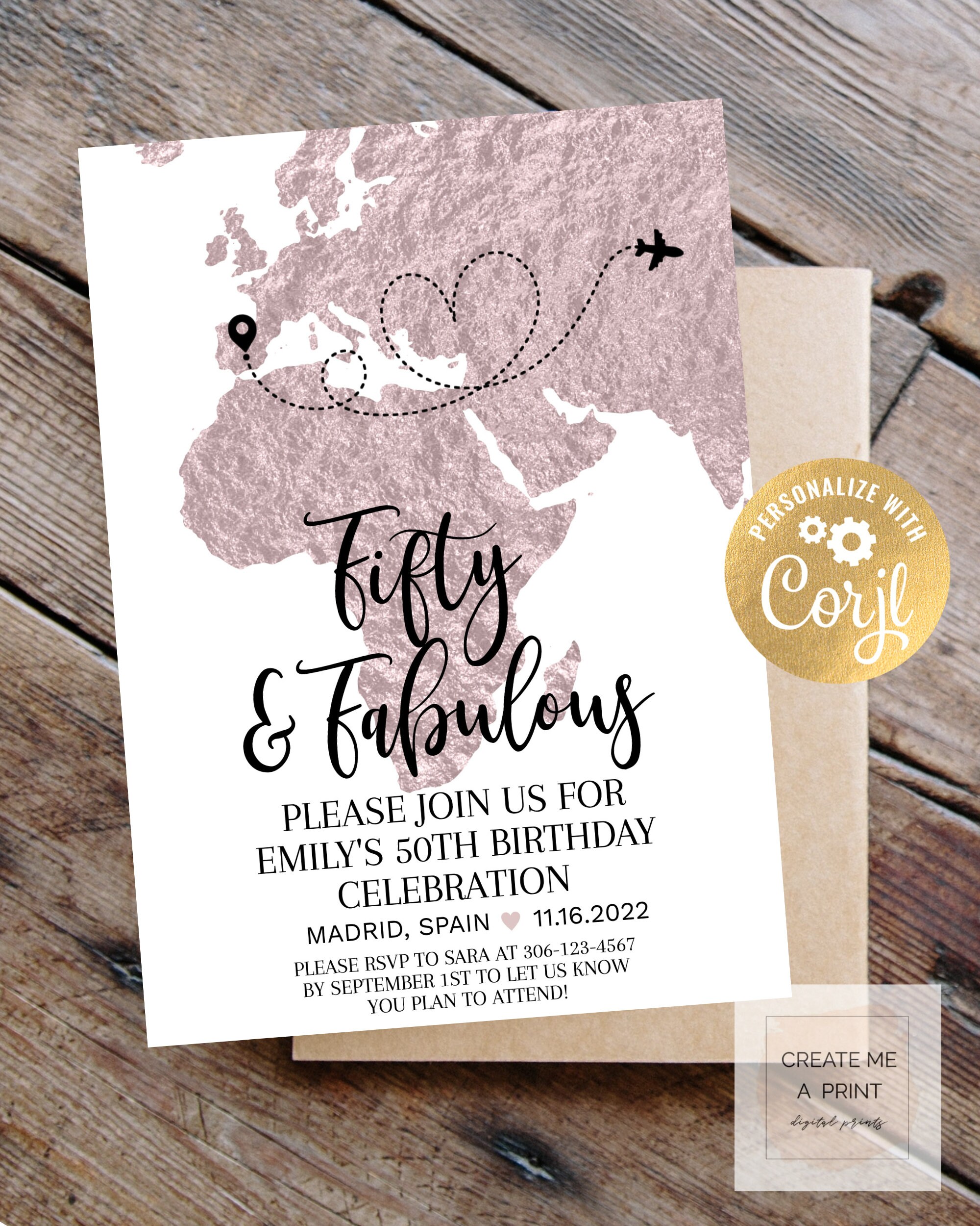Blush Editable Milestone Birthday Map Invite Digital | Etsy