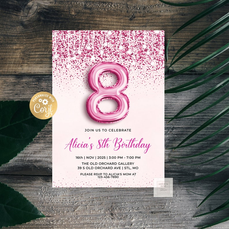 8th Birthday Invitation / Pink 8 Year Old Girl Birthday Invite - Etsy