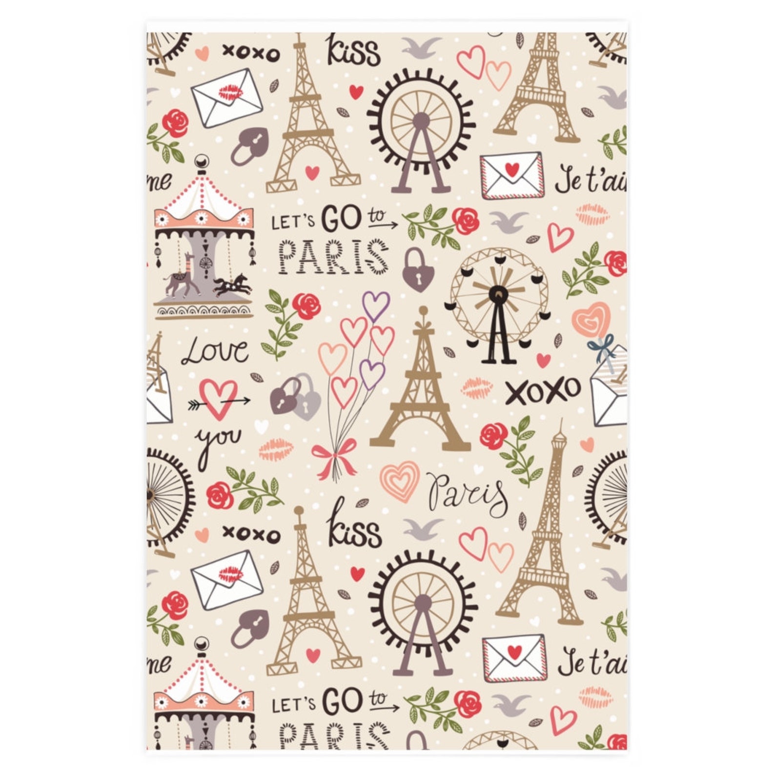 Wrapping Paper, Paris Theme Pattern, Eiffel Tower, Kisses, I Love You ...