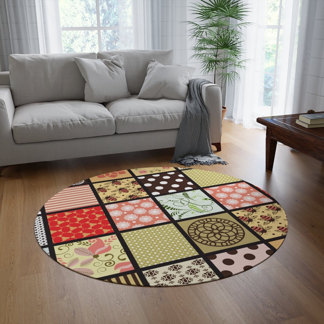 Patchwork Area Rug, Round Rug, Bee's Area Rug, Living Room Rug, Polka ...