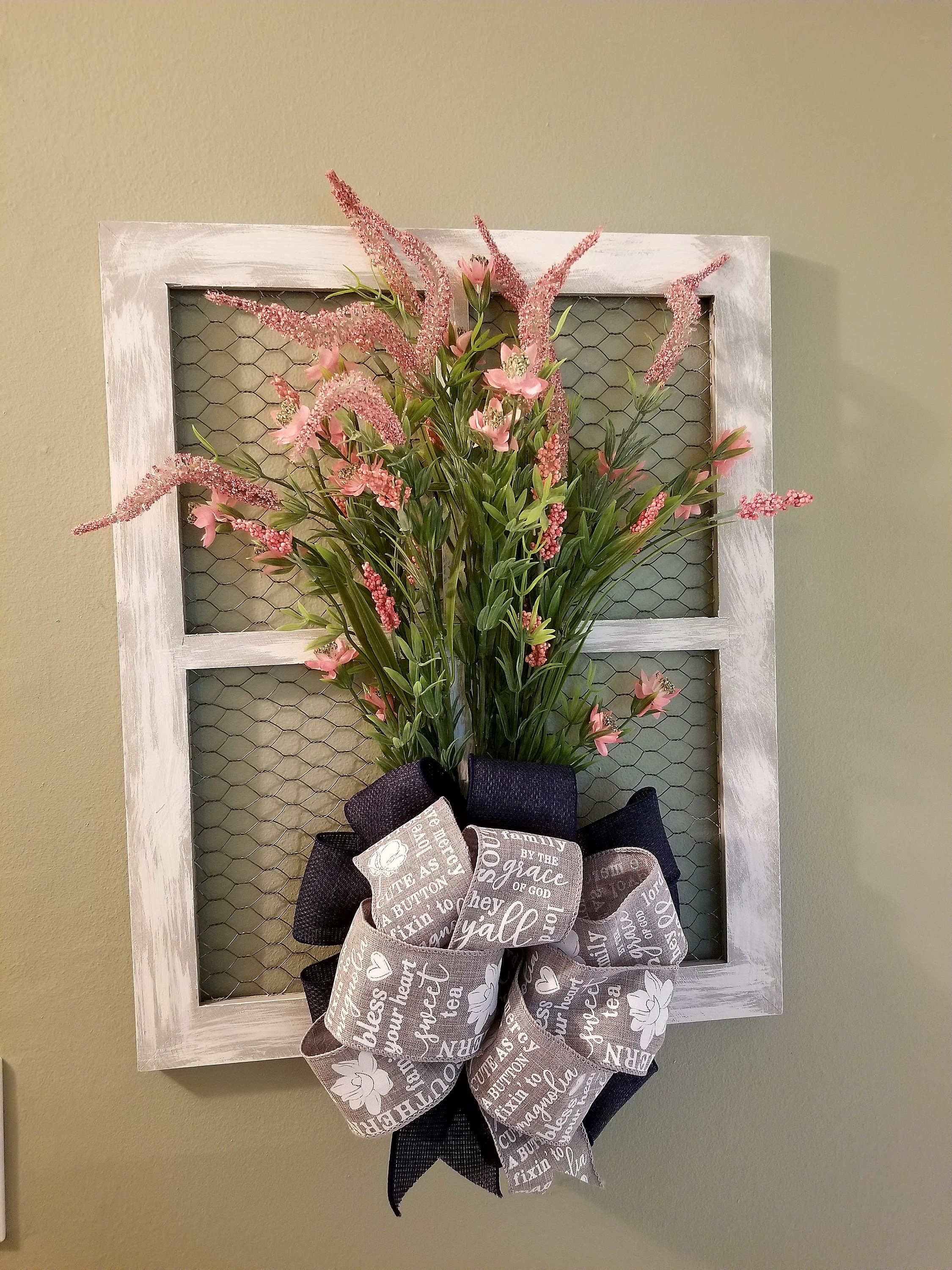 Chicken Wire Window Box Pink Flowers Navy Blue Ribbon - Etsy UK