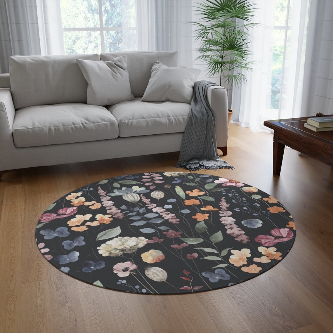 Purple Flower Round Rug, Round Area Rug, Round Throw Rug, Home Decor ...