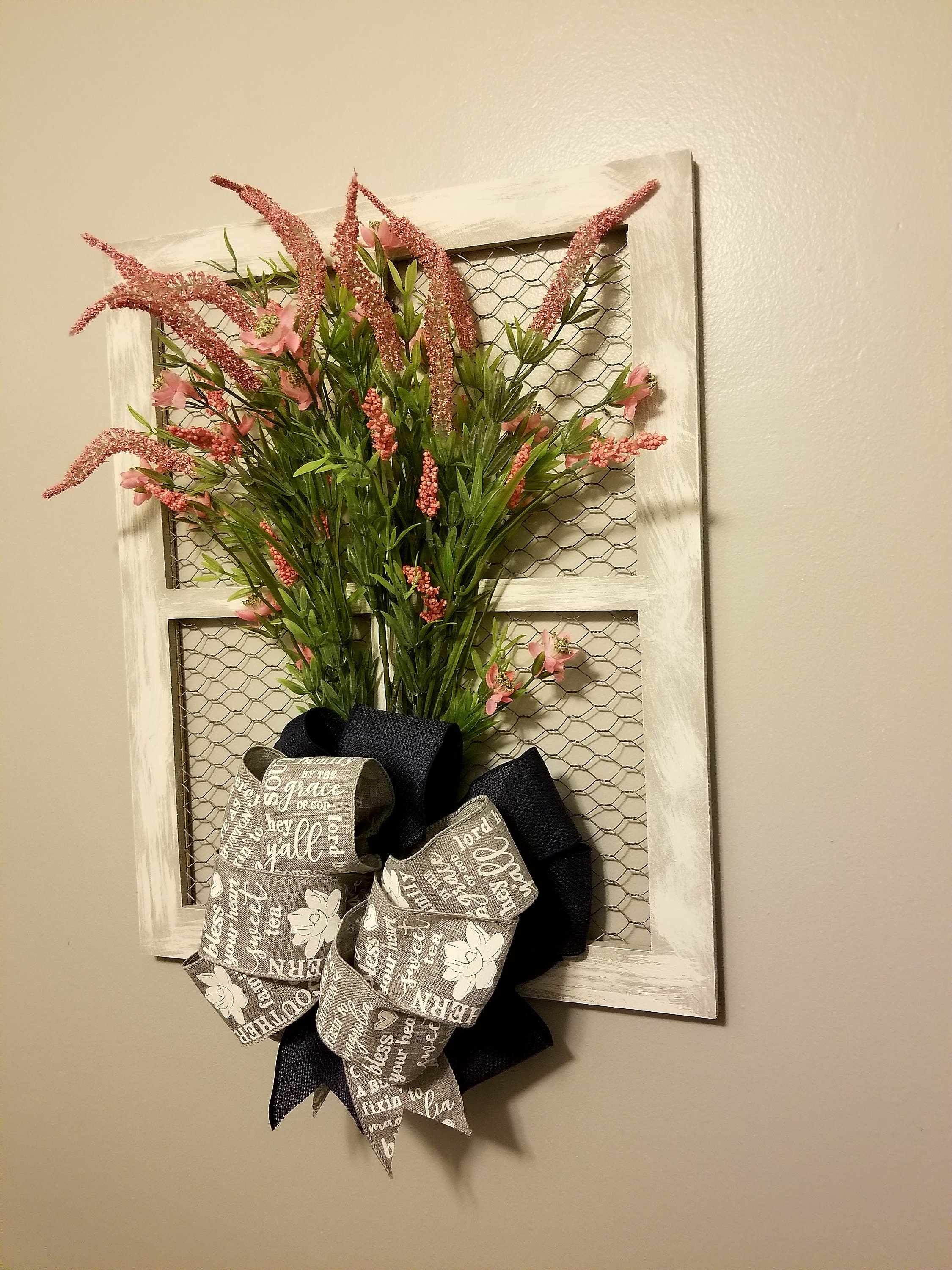 Chicken Wire Window Box Pink Flowers Navy Blue Ribbon - Etsy UK