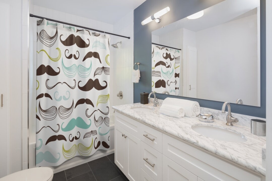 Mustache Shower Curtains, Bathroom Decor, Blue and Yellow, Novelty ...