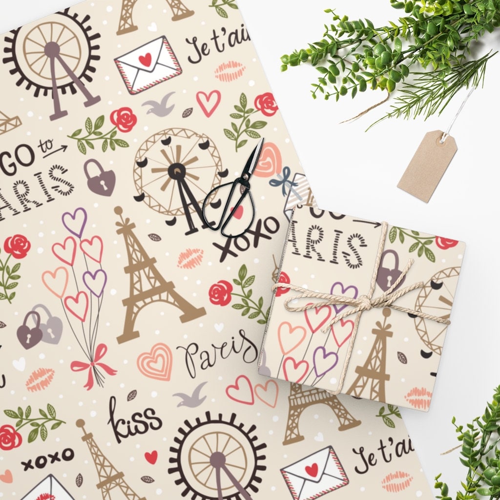 Wrapping Paper, Paris Theme Pattern, Eiffel Tower, Kisses, I Love You ...