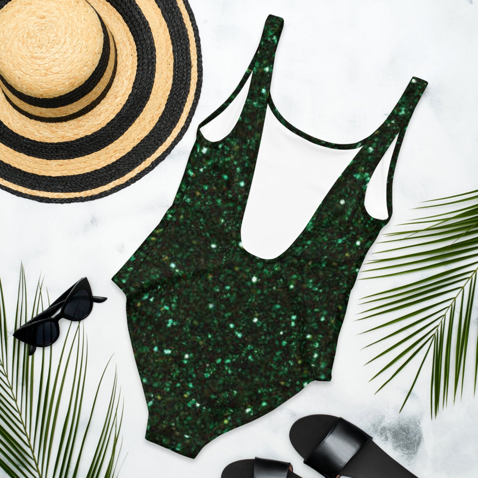 One Piece Swimsuit Womans Green Glitter Bathing Suit Etsy