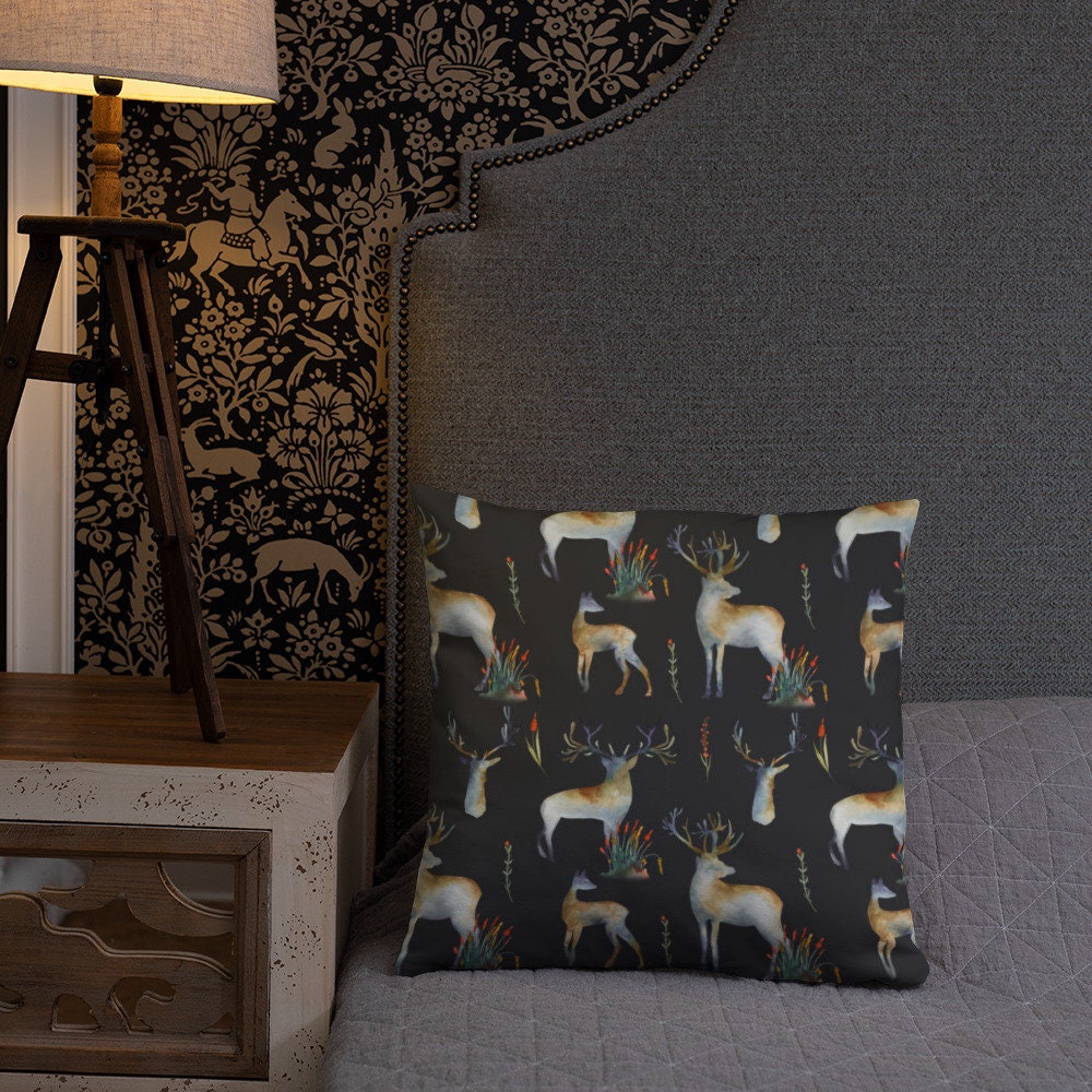 Reindeer Throw Pillow Deer Nature Antlers Red and Black - Etsy