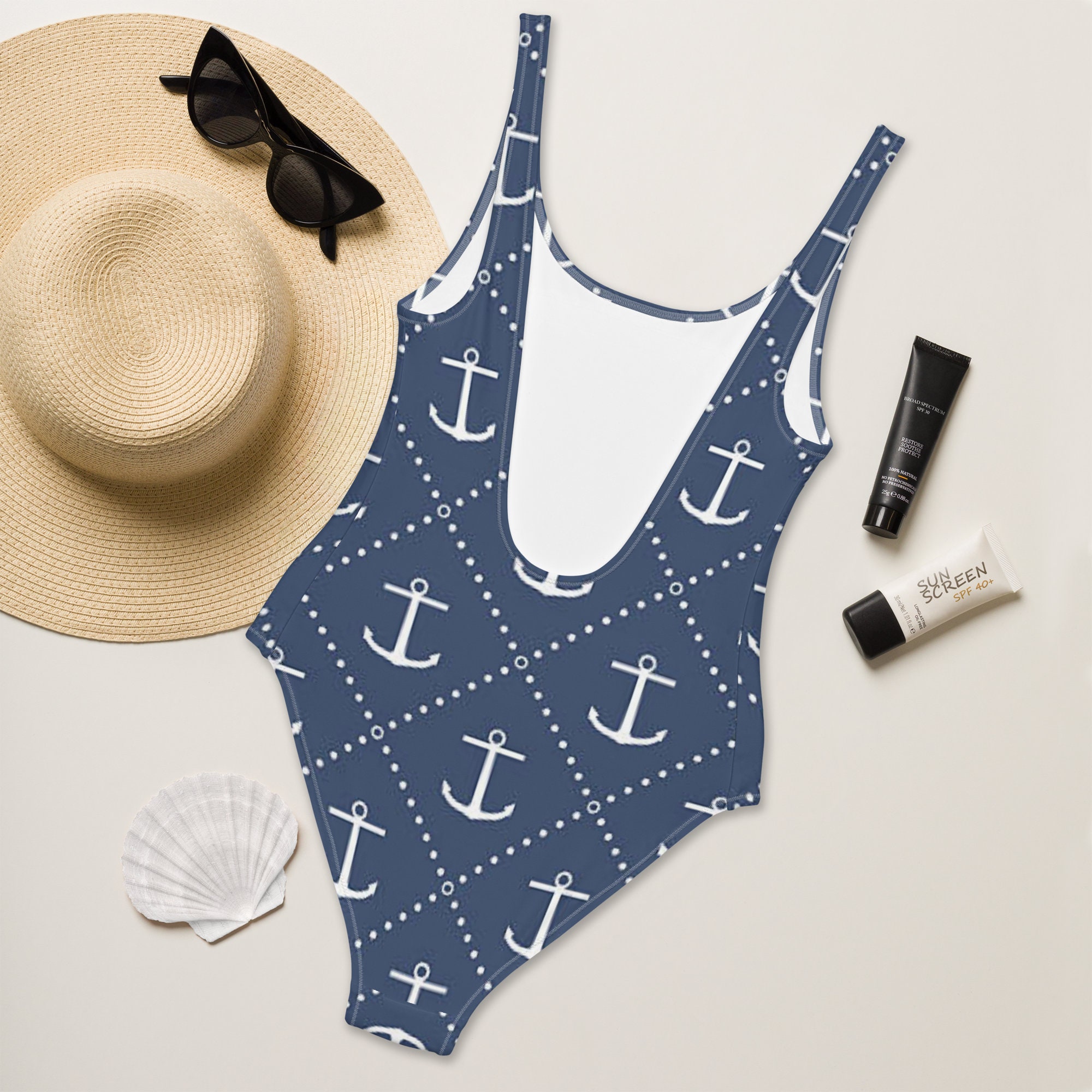 Anchor Bathing Suit Navy Blue Swimsuit Nautical Bathing - Etsy