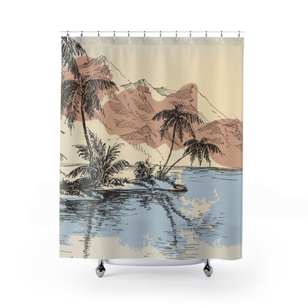 Duschvorhang, Tropisch, Berge, See, Palmen, Strand, Badezimmer Dekor, Wohnkultur, Sommerlook ...