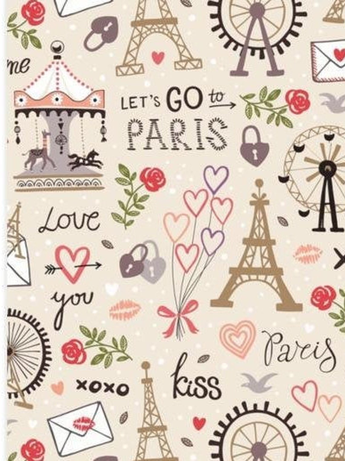 Wrapping Paper, Paris Theme Pattern, Eiffel Tower, Kisses, I Love You ...