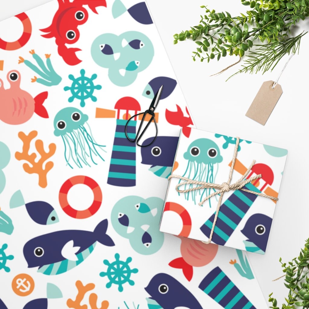 Wrapping Paper, Under the Sea, Gift Wrap, Fish, Whale, Crab, Light ...