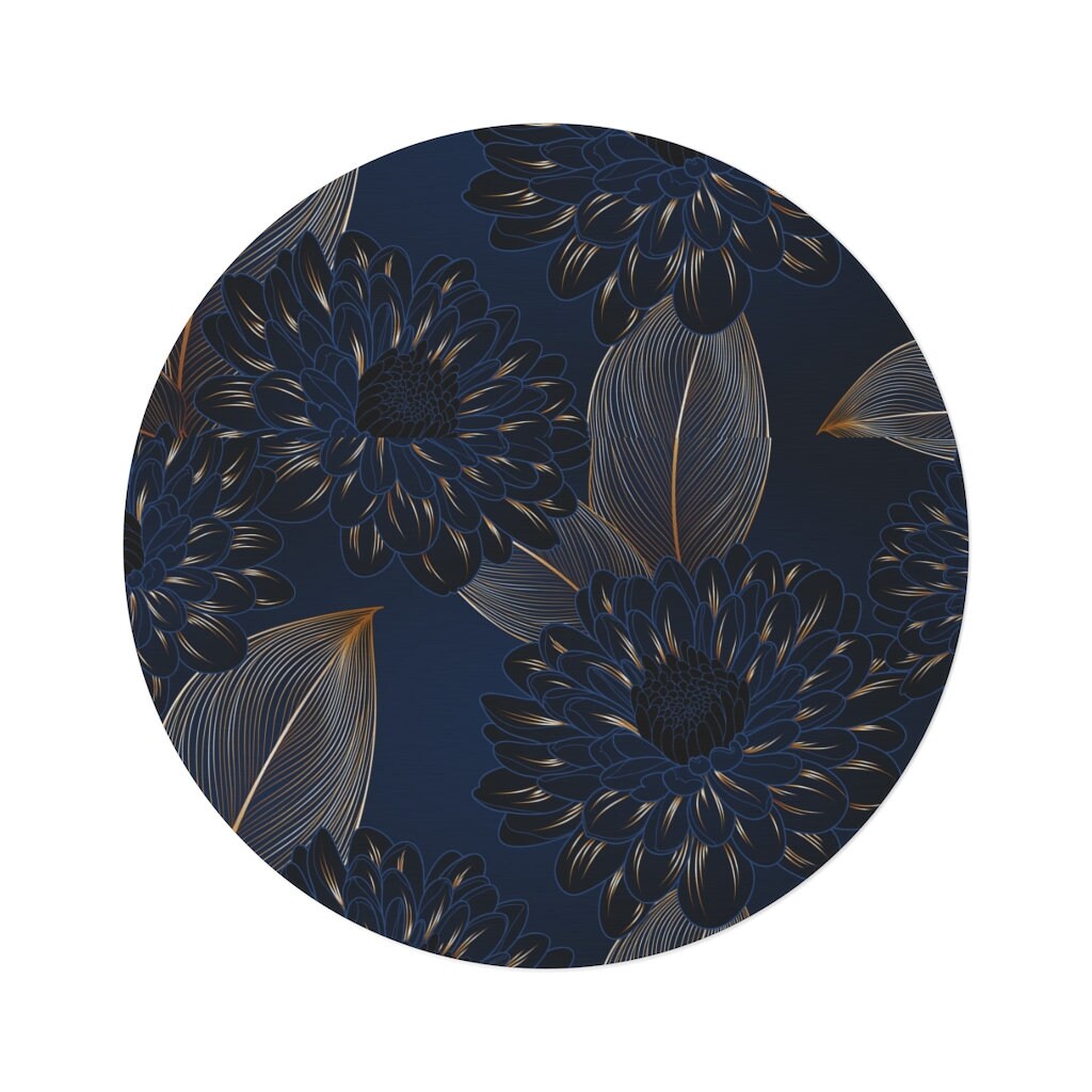 Navy Blue and Gold Round Rug, Navy Flower Area Rug, Home Decor, Navy ...