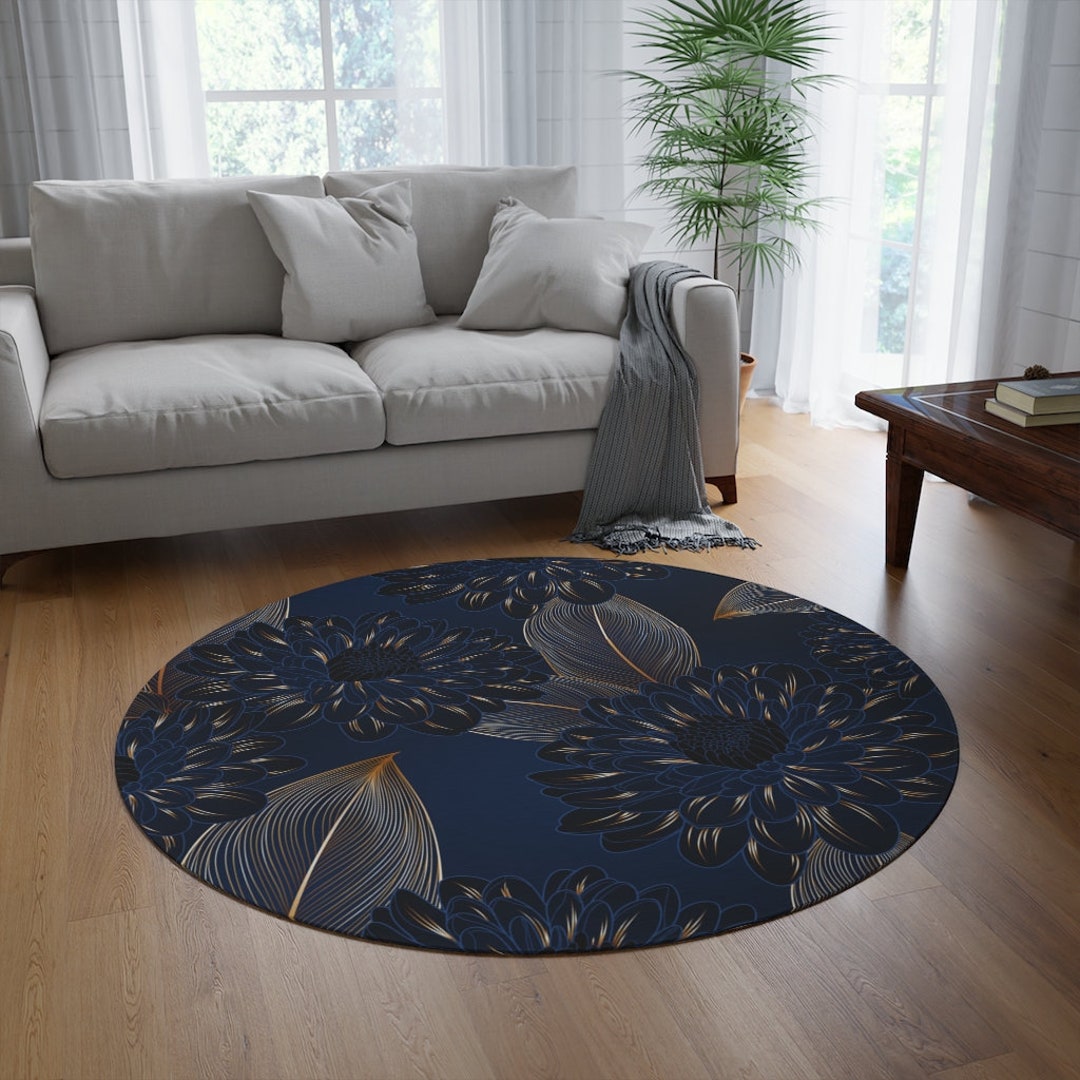 Navy Blue and Gold Round Rug, Navy Flower Area Rug, Home Decor, Navy ...