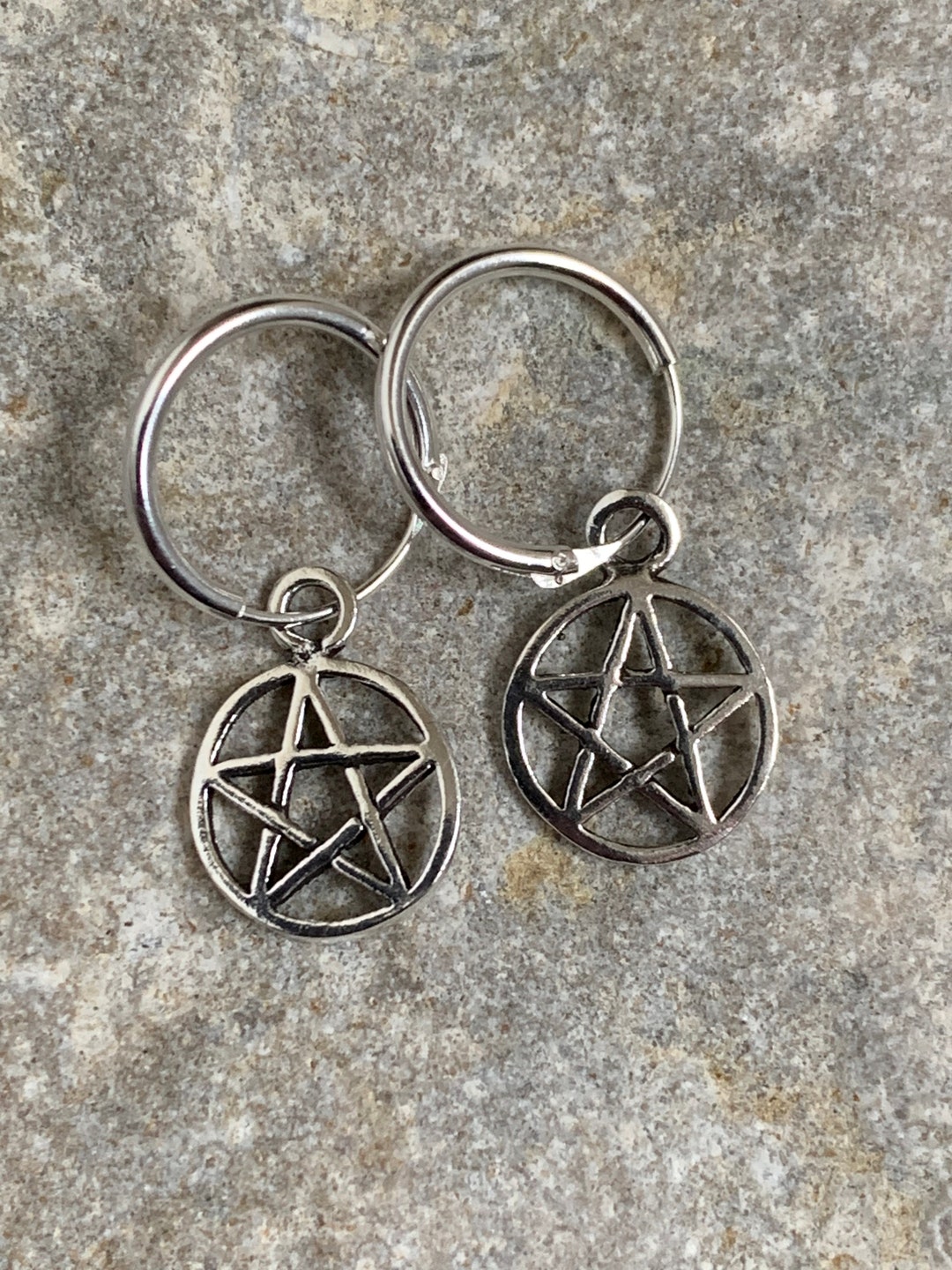 Sterling Silver Small Pentagram Circle Hoop Earrings, Pentangle, Star ...