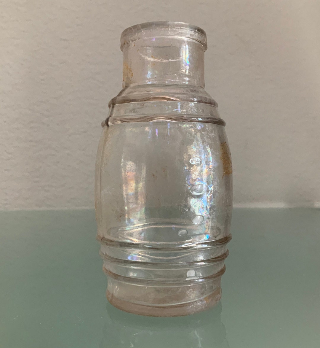 Antique Glass Barrel Food Jar Mustard Bottle Cork Top 1800s Pooled Open ...