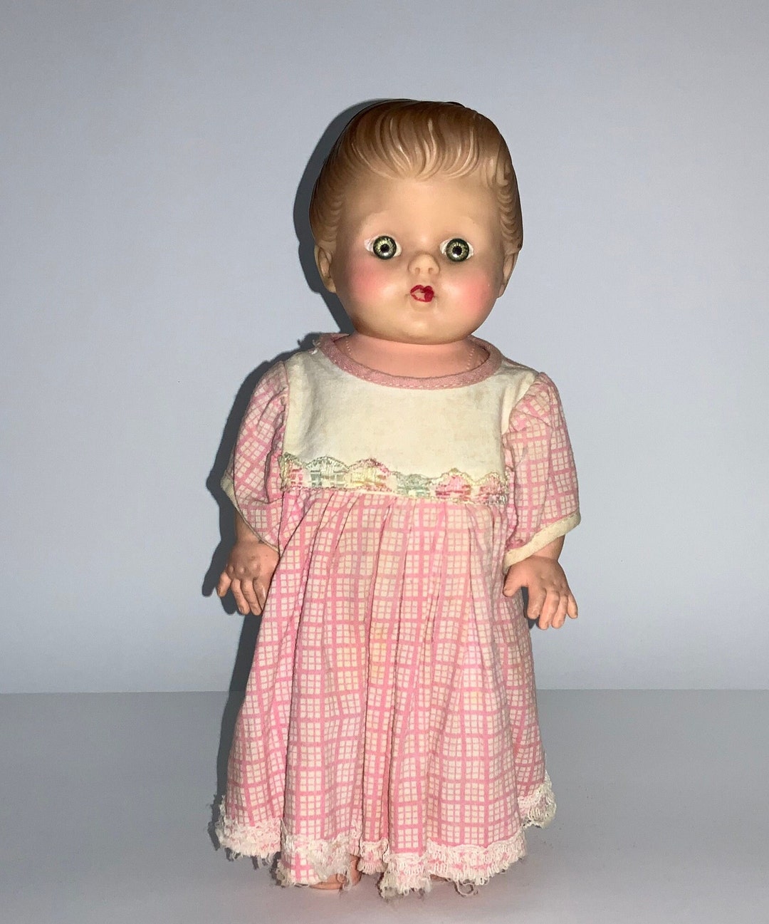 Rare Eegee Rubber Doll Molded Hair Body Shoes Glass Eyes Pink Plaid ...