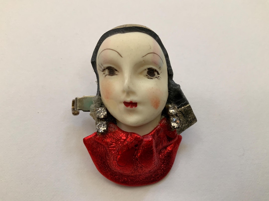 Vintage Art Deco Lady Pin Brooch Diamonds Red Glitter Hand Painted Face ...