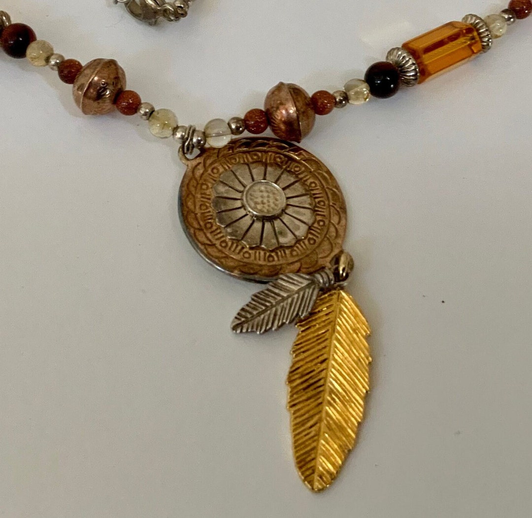 Sterling Silver Feather Pendant Necklace Native American Indian Gold ...