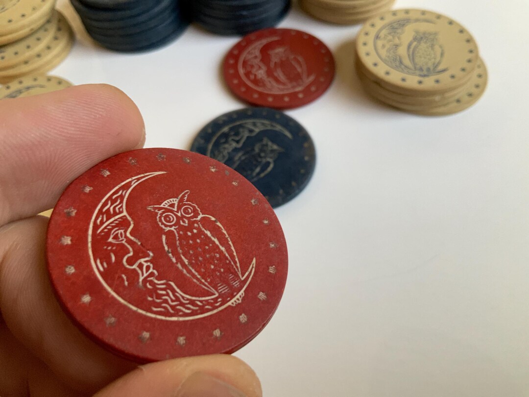 X40 Antique Clay Poker Chips Large Set Owl and Moon Design Double Sided ...