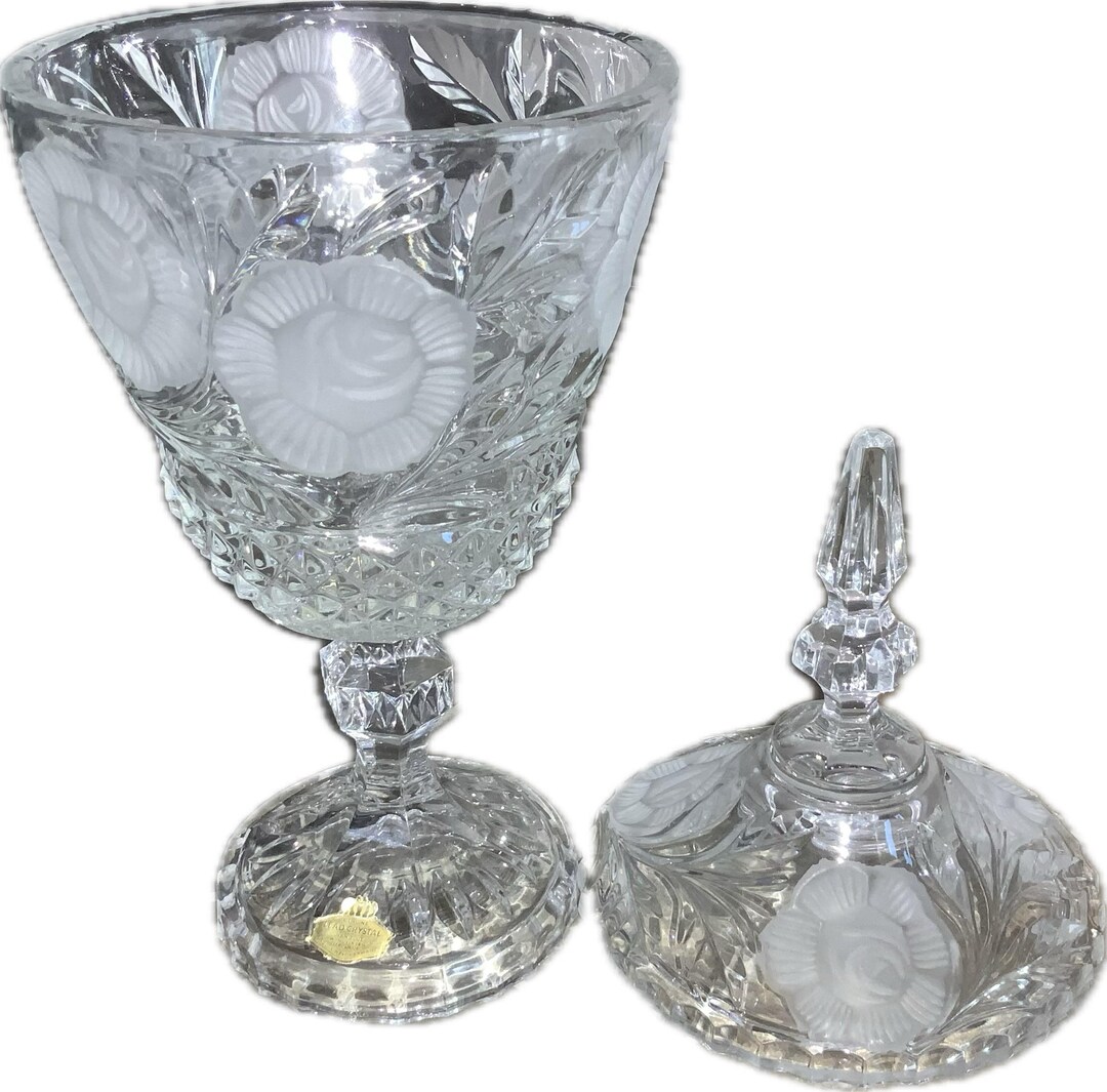 Tall Candy Dish With Lid Etched Crystal Glass Container With Label Rose ...