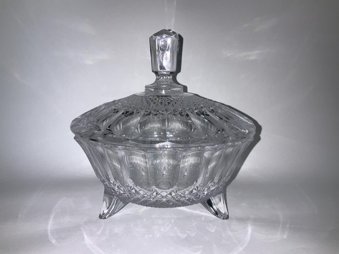 Antique Cut Crystal Candy Dish Lid Container Triangle Prong 3 Footed ...