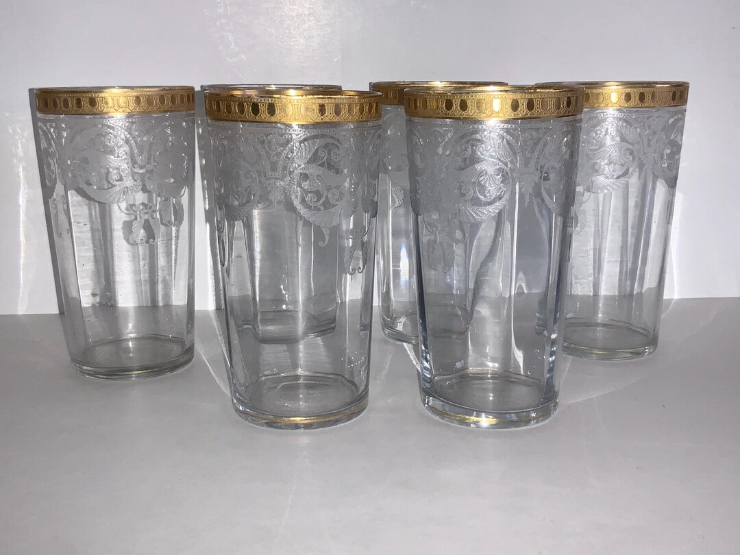 Cambridge Glass Tumbler Drinking Cups Handmade Gold Rim Set of 6 High ...