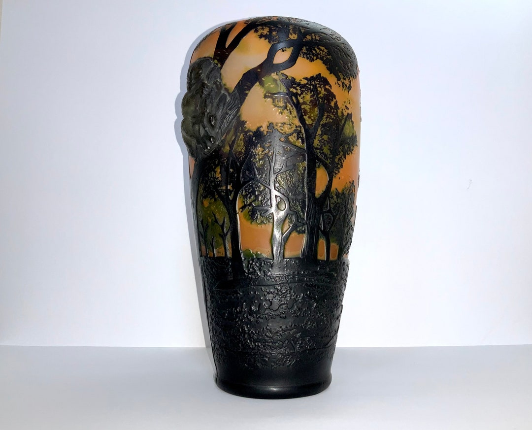 13” Emile Galle Cameo Art Nouveau Glass Vase Multi Colored Landscape ...