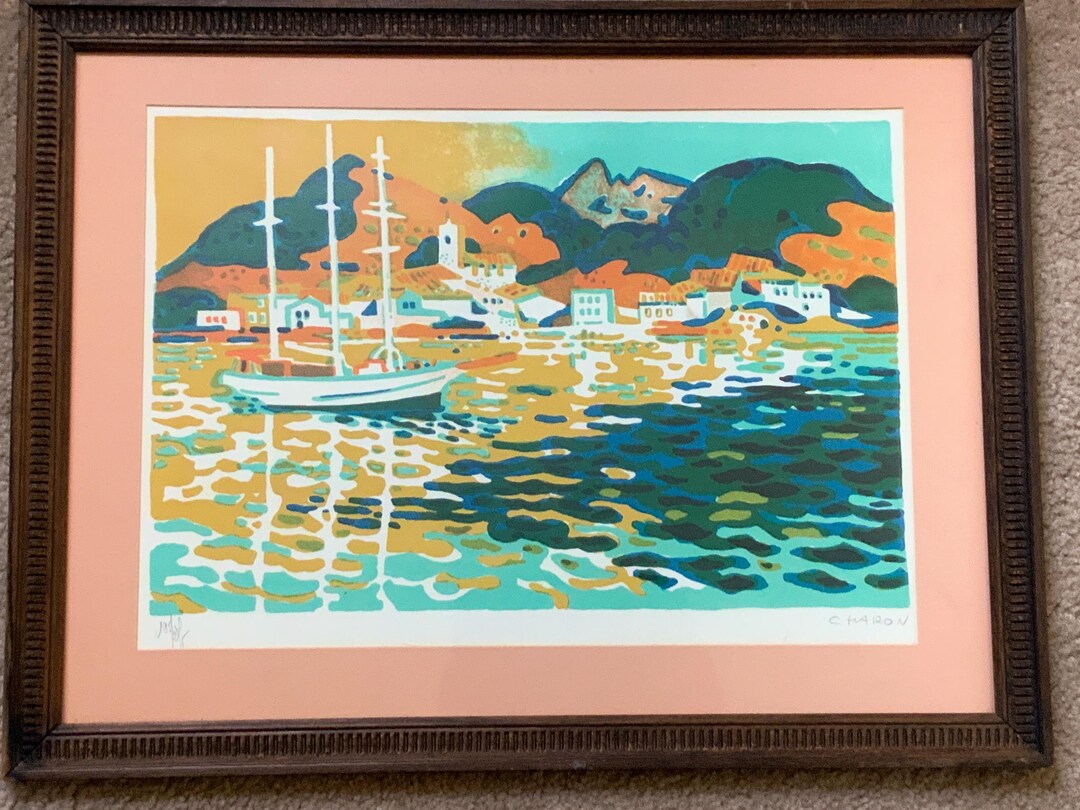 GUY CHARON Mid-century Modern Lithograph: Boat on the Bay, Framed - Etsy