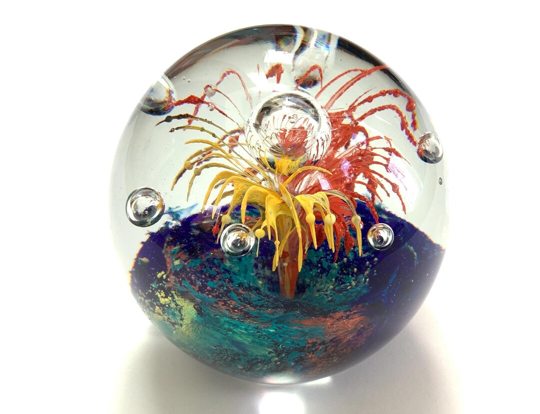 Art Glass Paperweight Heavy Controlled Bubble Firework Explosion Blue ...