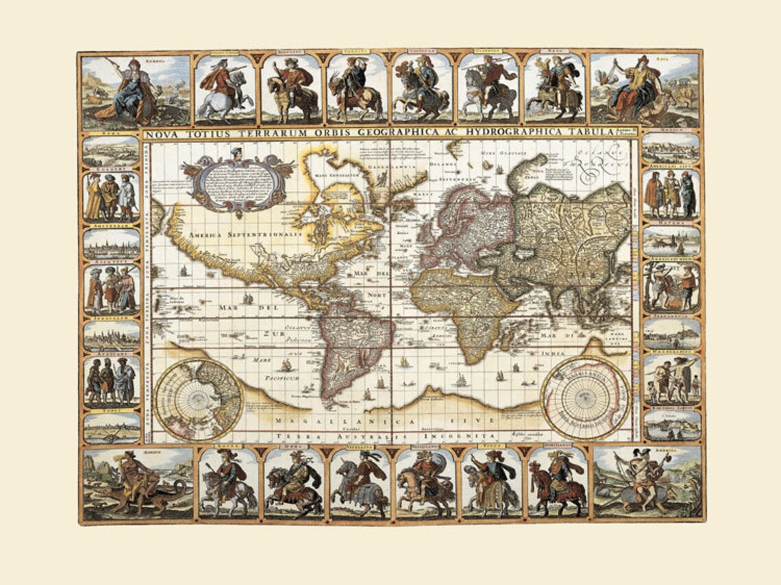 Old Globe Map Print With Asia, Africa, Europe & America | Old 18th ...