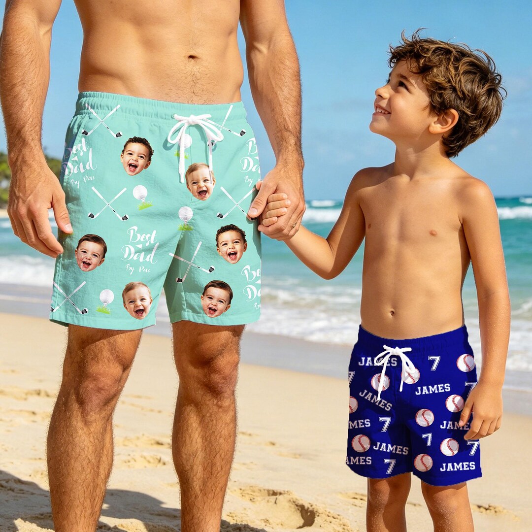 Custom Tropical Sports Theme Swim Trunks With Face, Personalized Team ...