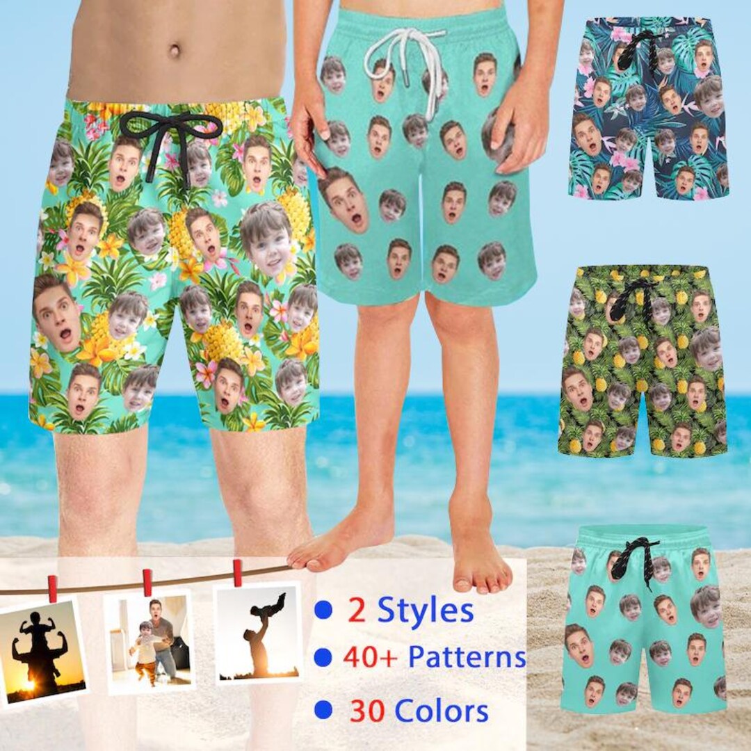Custom Hawaiian Face Swim Trunks, Personalized Men Beach Shorts With ...