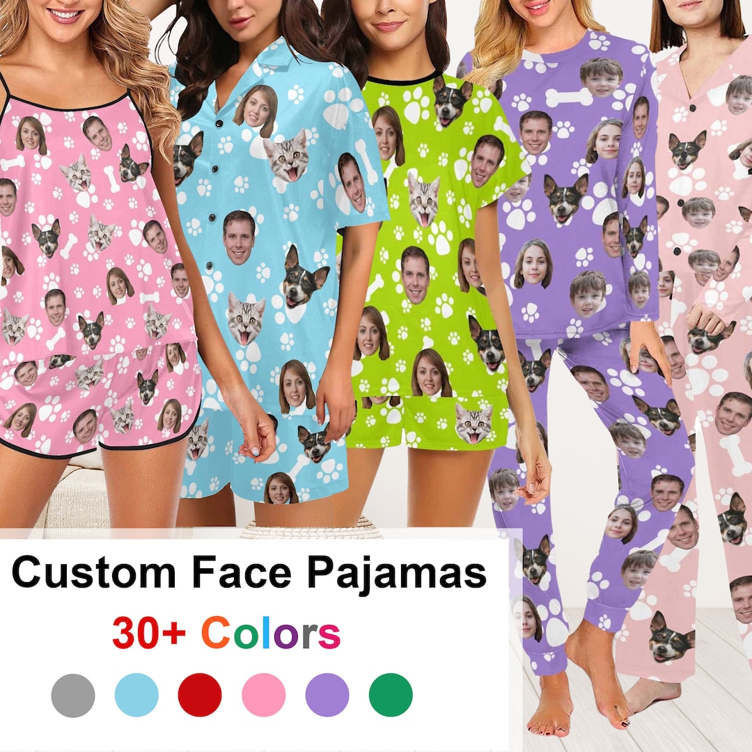 Personalized Pajamas Set With Dog Face, Custom Long Sleeve Pajama Set ...