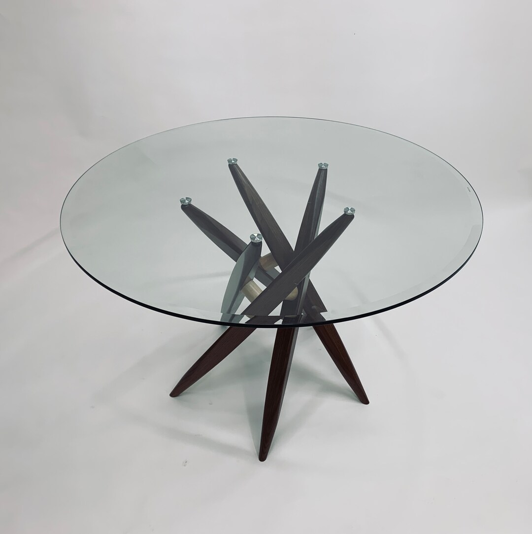 Round 44-inch Glass-top Table With Wood Base - Etsy
