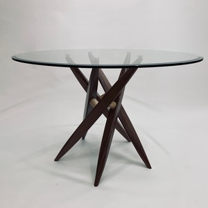 Round 44-inch Glass-top Table With Wood Base - Etsy