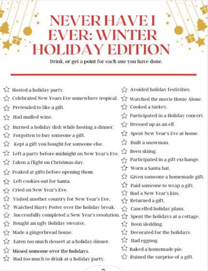 Never Have I Ever- Winter Holiday Edition, Party Game. - Etsy