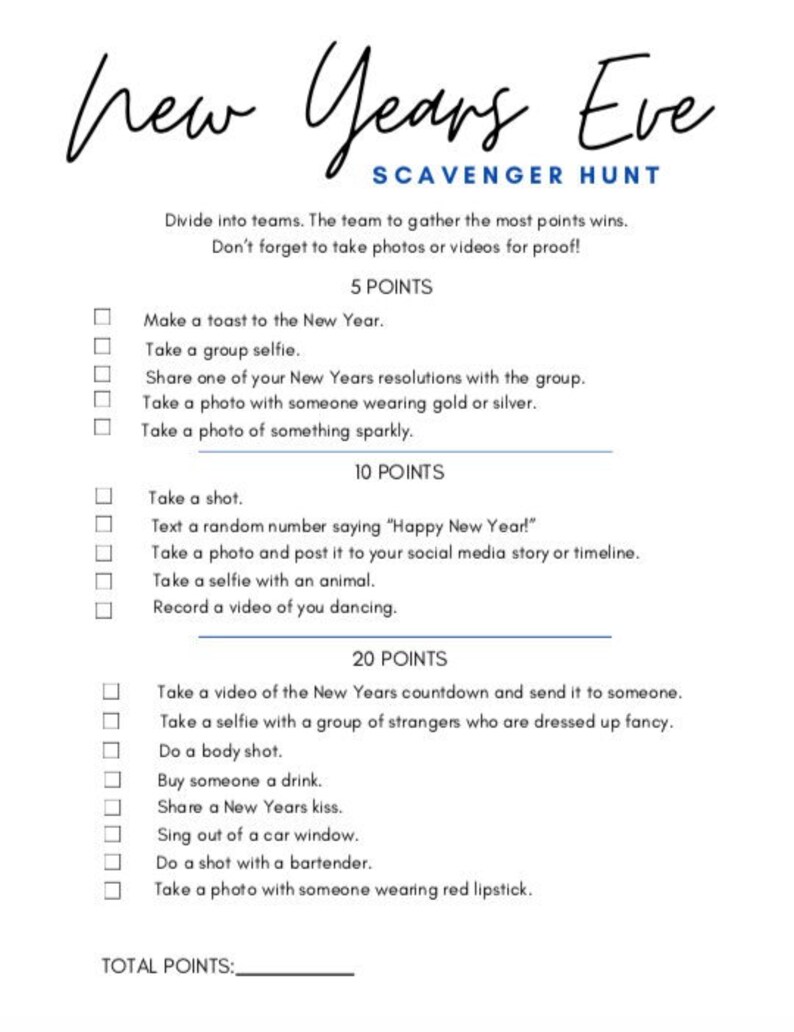New Years Eve Adult Scavenger Hunt, Party Activity, Digital Download - Etsy