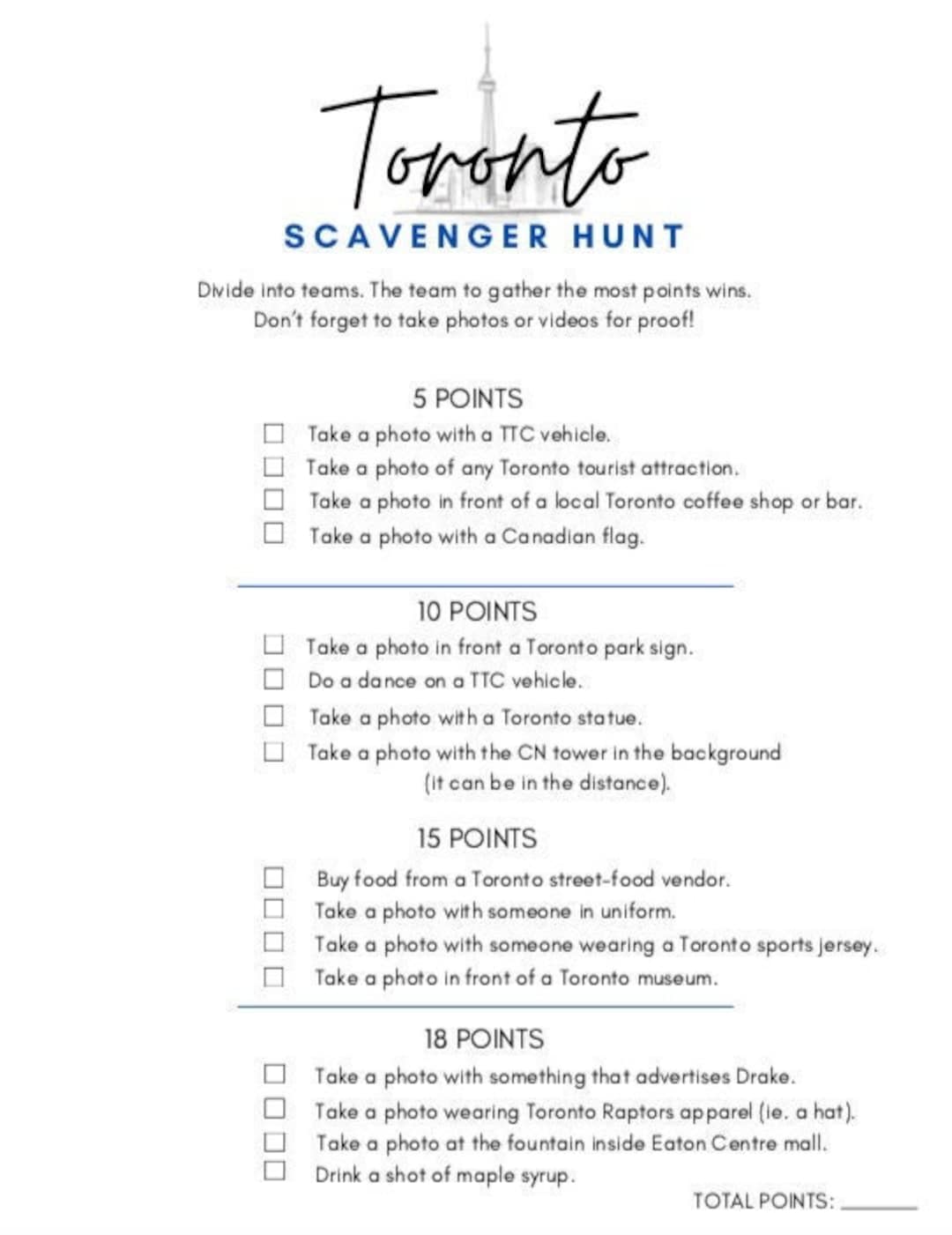 Toronto Scavenger Hunt, Toronto Activity, City Scavenger List. - Etsy
