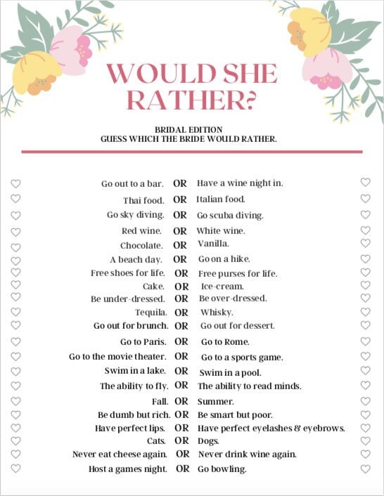 Would She Rather Bachelorette Party Activity, Hen Party Game, Digital ... Would She Rather Bachelorette Party Activity, Hen Party Game, Digital ...