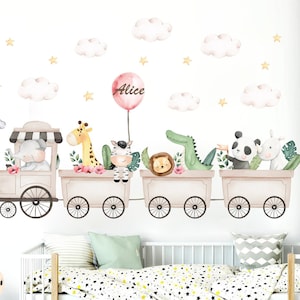 Safari Train Adventure Wall Decal - Elephant Giraffe Hippo Zebra Lion With Clouds and Stars ...